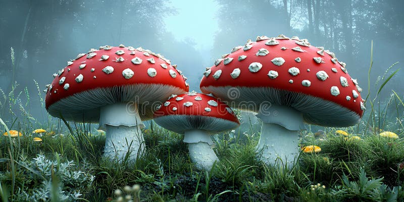Enchanted Forest Three Red Toadstools in Misty Meadow - Generative AI ...