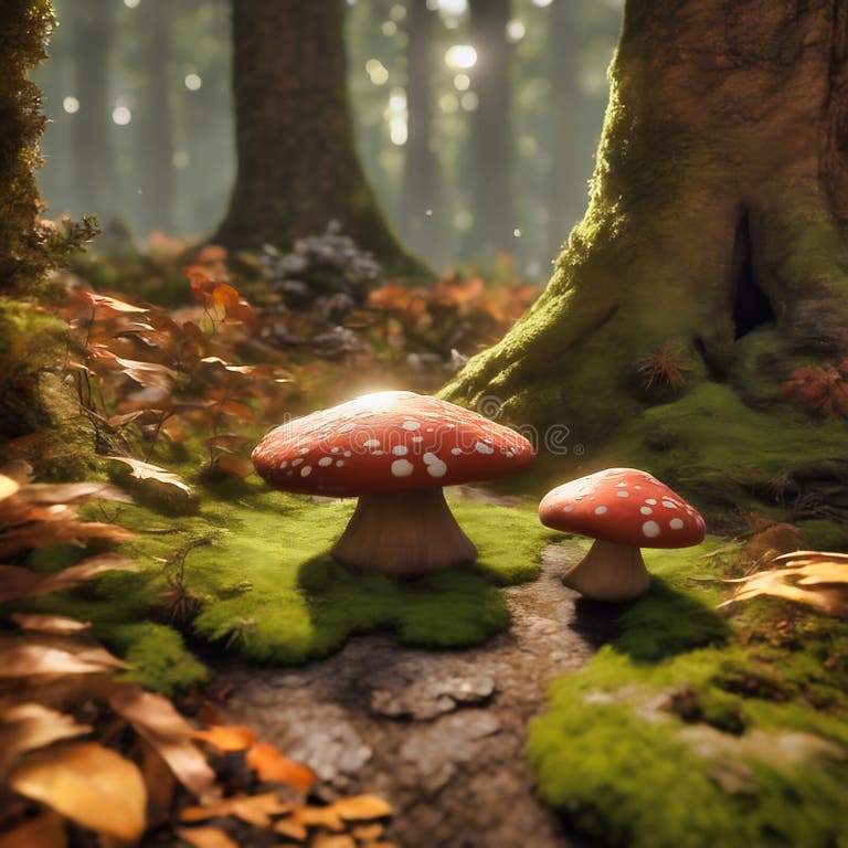 Enchanted Forest with Toadstools. Green Moss Forest Floor with ...