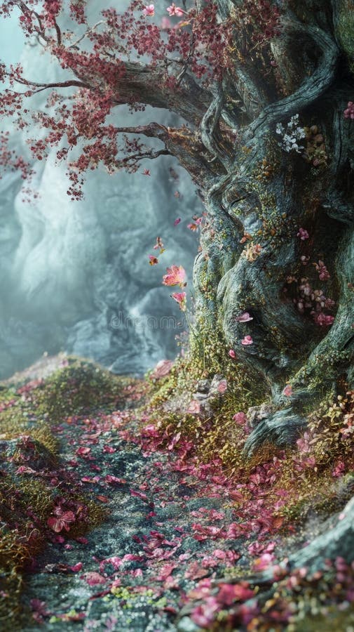 Enchanted Forest Tree with Pink Flowers Stock Illustration ...