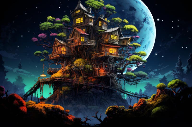 Enchanted Forest Treehouse Under Moonlight Stock Illustration ...