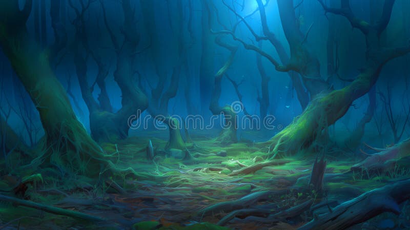 Enchanted Forest with Twisted Trees and Ethereal Light during Twilight ...