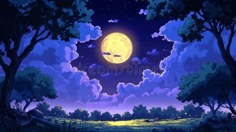 Enchanted Forest Under a Full Moon: a Pixel Art Landscape Stock ...