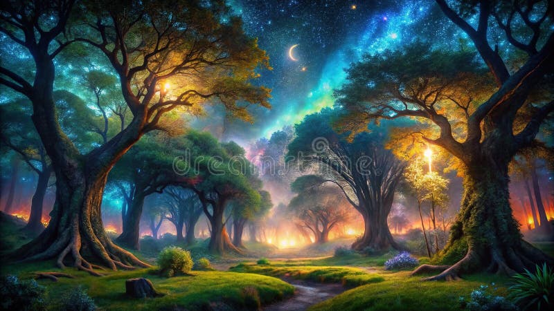 Enchanted Forest Under a Hyperrealistic Night Sky a Cosmic Star Map for ...