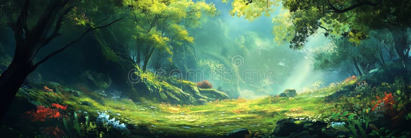 Enchanted Forest with Vibrant Greenery and Sunlit Clearing Stock ...