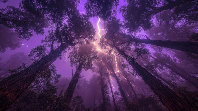 Enchanted Forest View with Lightning Strikes and Purple Hues in the Sky ...