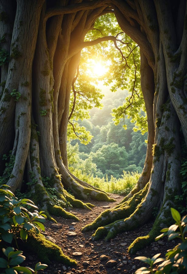 Enchanted Forest View through Tree Roots Natures Window To Sunlit ...