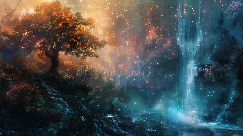 Enchanted Forest with a Waterfall Stock Illustration - Illustration of ...