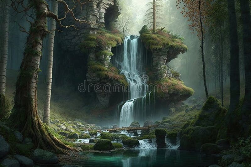 Enchanted Forest with Waterfall, Bringing Life To the Scenery Stock ...