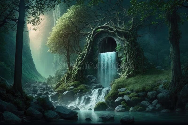 Enchanted Forest with Waterfall, Bringing Life To the Scenery Stock ...