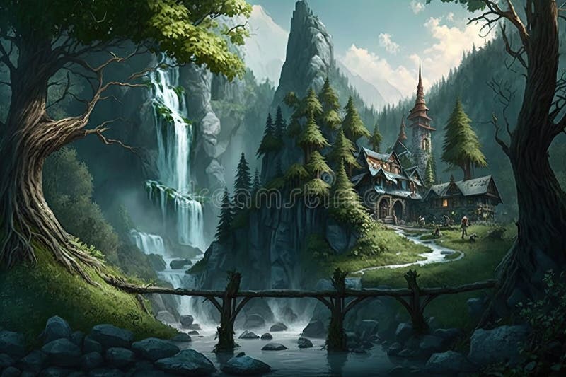 Enchanted Forest with Waterfall, Elfish Village in the Distance Stock ...