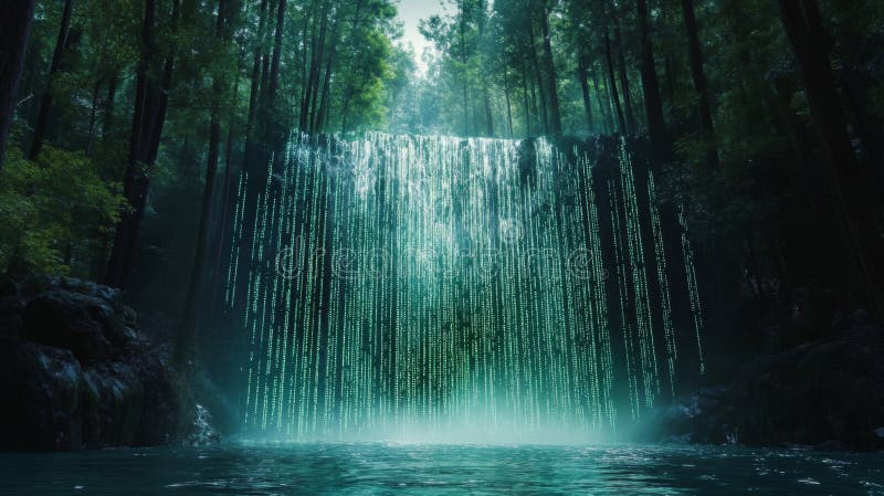 Enchanted Forest Waterfall with Glowing Digital Data Stock Illustration ...