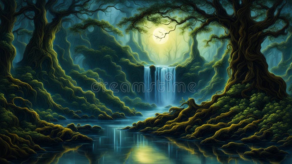 Enchanted Forest Waterfall with Moonlit Sky-Mystical Nature Art ...