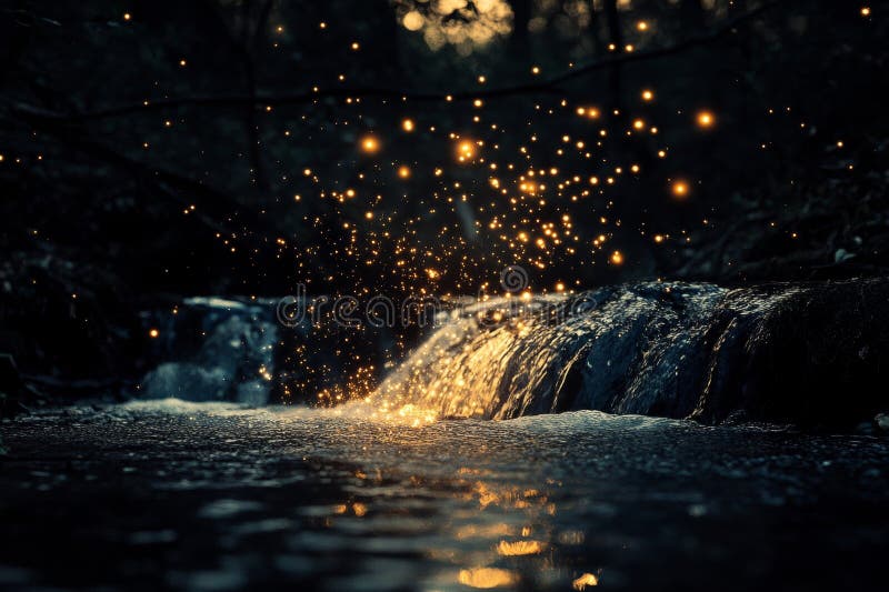 Enchanted Forest Waterfall at Night Stock Illustration - Illustration ...