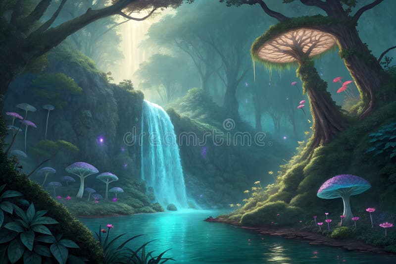 Magical Waterfall Cascading Glowing Pool Mystical Water Fantasy Nature ...