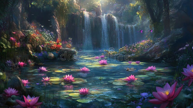 Enchanted Forest Waterfall, Tranquil Pond, Pink Lilies, Game Background ...