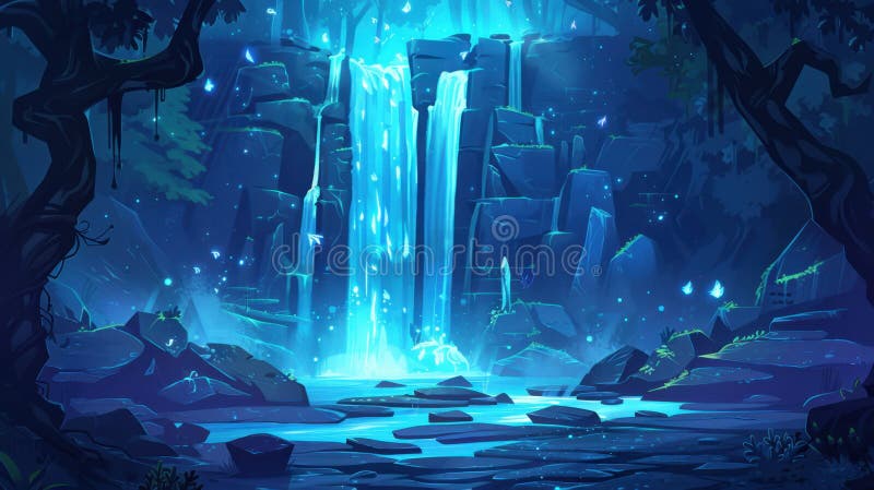 Enchanted Forest Waterfall at Twilight - Mystical Blue Nature Scene ...