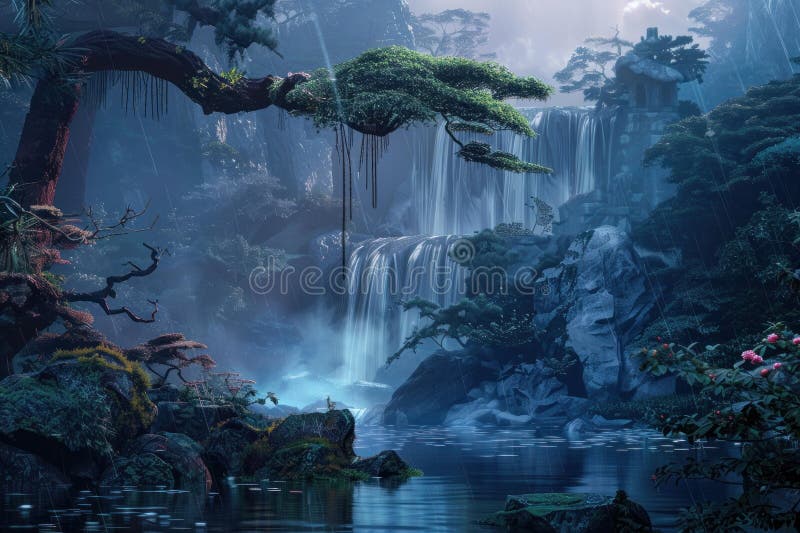 Enchanted Forest Waterfall at Twilight Stock Image - Image of greenery ...