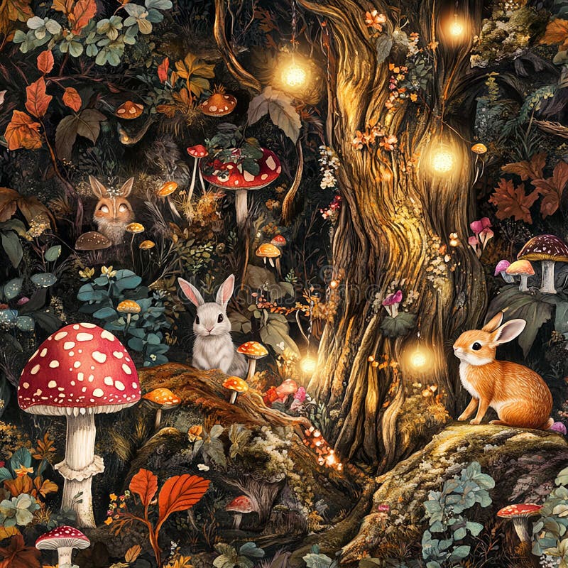 Enchanted Forest Whimsical Pattern Stock Illustration - Illustration of ...