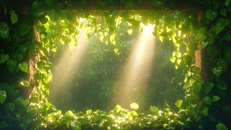 Enchanted Forest Window Framed by Sunlit Lush Greenery in a Magical ...