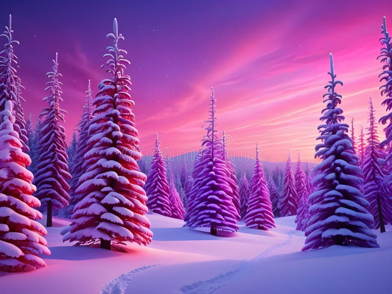 Enchanted Forest in Winter with Snow Capped, and Twilight Sky at Sunset ...
