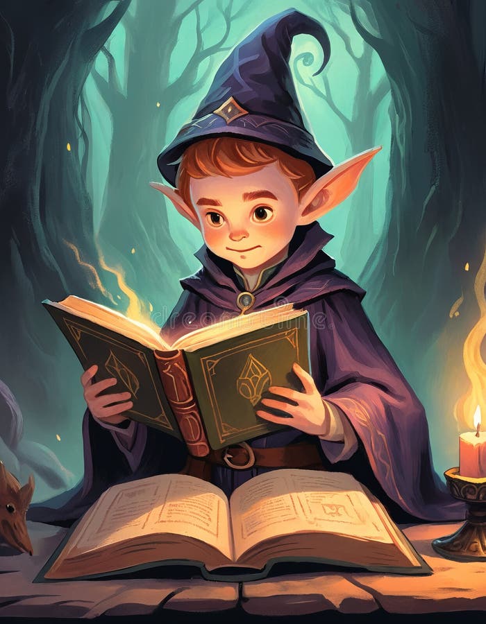 Enchanted Forest Wizard Reading a Magical Book by Candlelight Stock ...