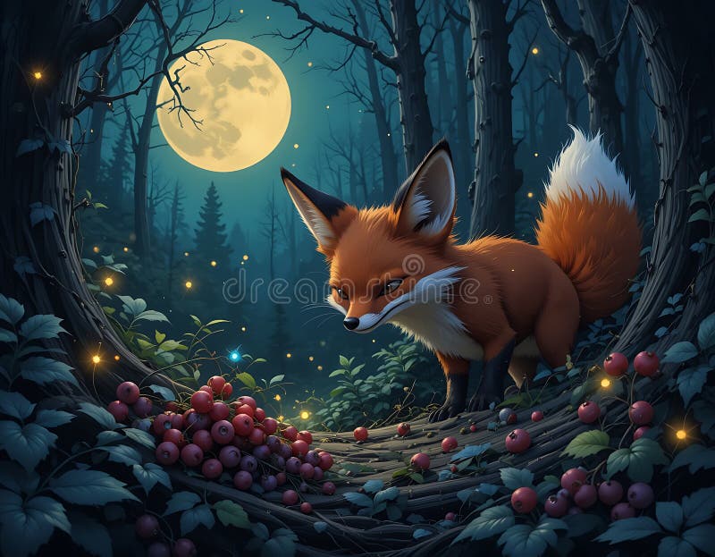 Enchanted Fox in Moonlight Forest Digital Art Stock Photo - Image of ...