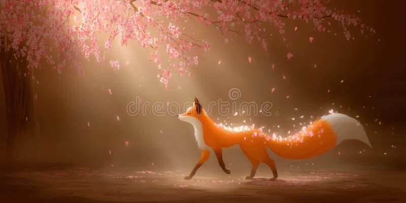 Enchanted Fox Walking Under Blooming Cherry Blossoms in a Magical ...
