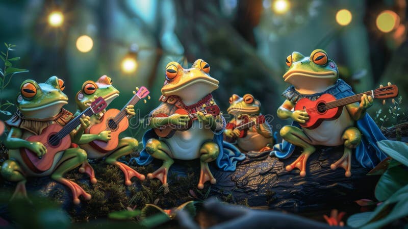 Enchanted Frog Band in Twilight Forest Stock Illustration ...