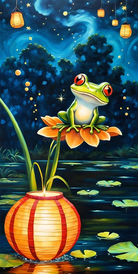 Enchanted Frog and Lanterns in Starry Night Stock Illustration ...