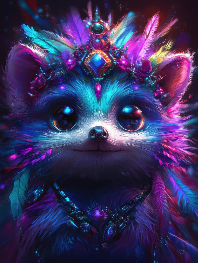 Enchanted Furry Creature with Jewel Headpiece and Vibrant Feathers ...