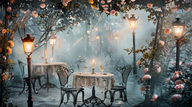 Enchanted Garden Evening Dinner Scene with Vintage Lanterns and Mist ...