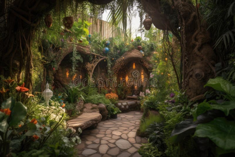 Enchanted Garden, Filled with Magical Creatures and Plants Stock ...