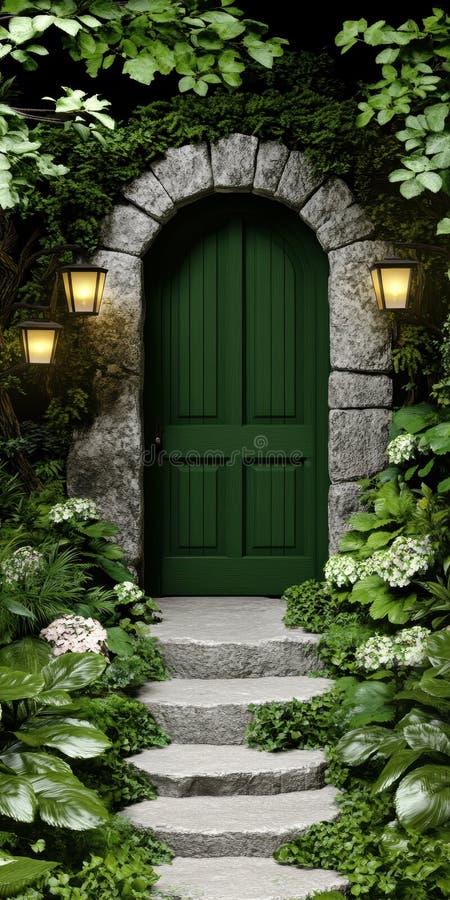 Enchanted Garden Gate with Stone Arch and Vibrant Greenery Stock Photo ...
