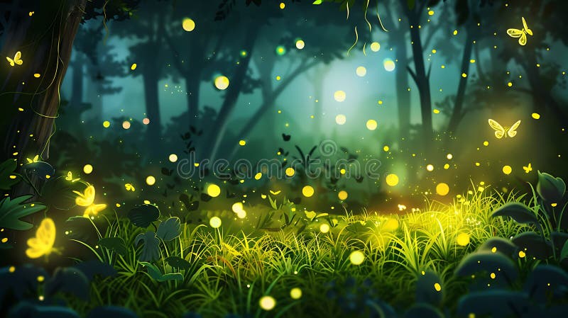 Enchanted Garden with Glowing Fireflies Stock Illustration ...