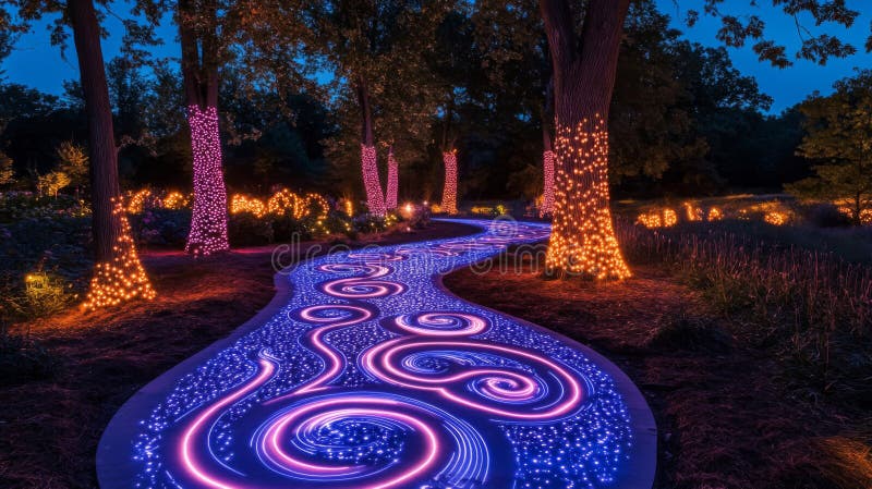 Enchanted Garden Path at Night with Twinkling Lights Stock Illustration ...