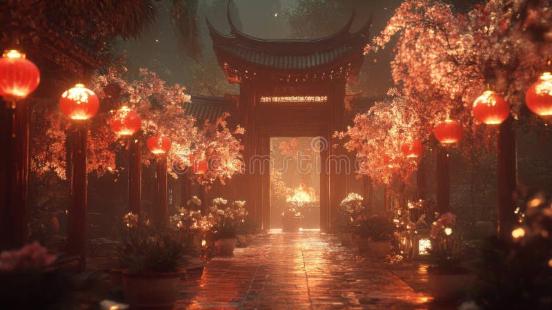 Enchanted Garden Path with Red Lanterns at Night Stock Illustration ...