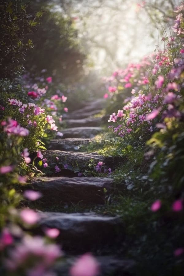 Enchanted Garden Pathway with Blooming Flowers Stock Illustration ...