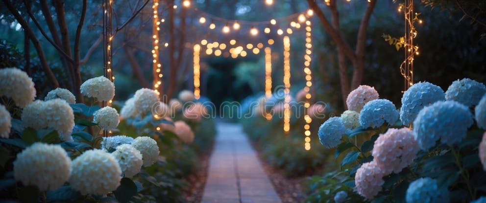 Enchanted Garden Pathway with Glowing Lights and Blooming Hydrangeas at ...