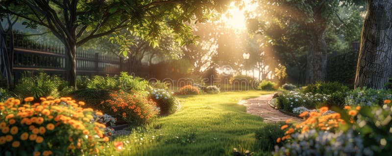 Enchanted Garden Pathway Illuminated by Sunset a Serene Garden Path ...
