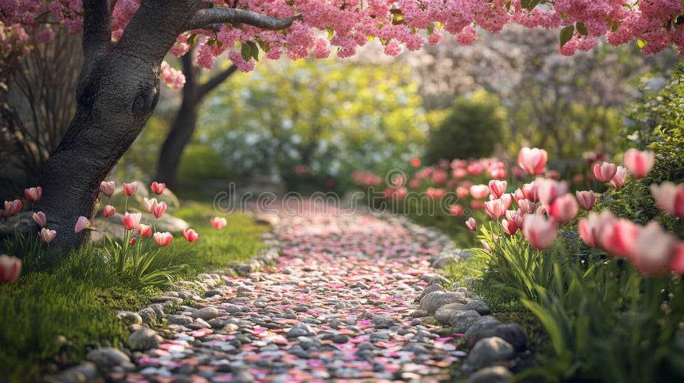 Enchanted Garden Pathway with Pink Flowers Stock Illustration ...
