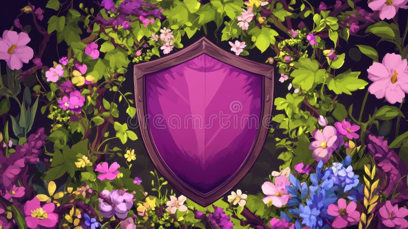 Enchanted Garden Shield Emblem Surrounded by Lush Floral Bloom Stock ...