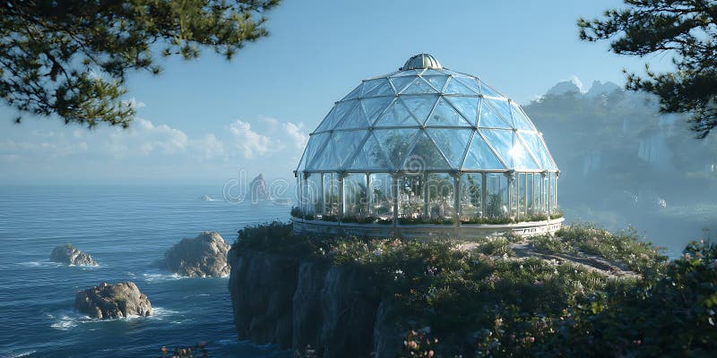 Enchanted Geodesic Dome Fantasy Clifftop Scene Stock Illustration ...