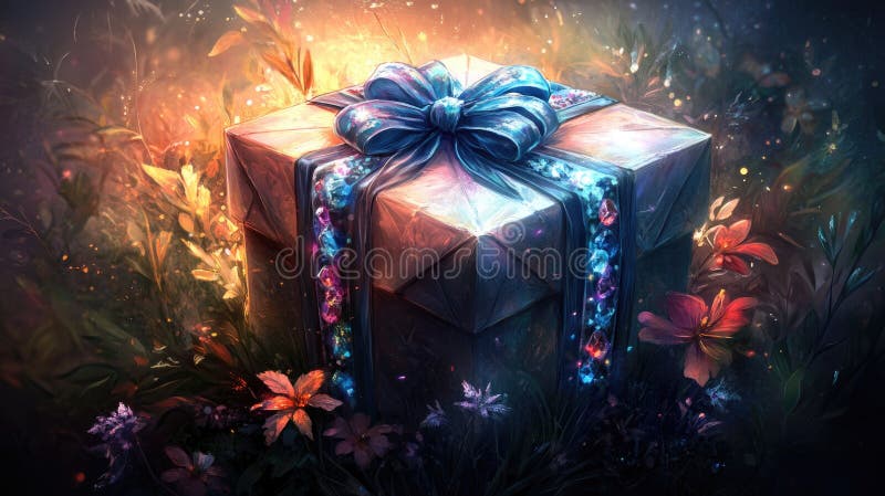 Enchanted Gift Box Amidst Luminous Flowers and Magical Glow Stock Image ...