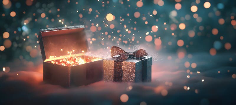 Enchanted Gift Box Glowing with Light Particles on a Dreamy Background ...