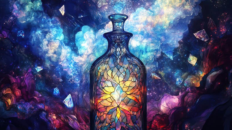 Enchanted Glass Bottle with Stained-glass Pattern Amidst Cosmic Nebula ...