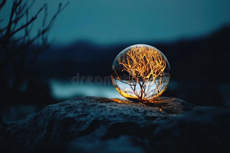 Enchanted Glass Sphere with Glowing Tree on Rocky Surface at Twilight ...