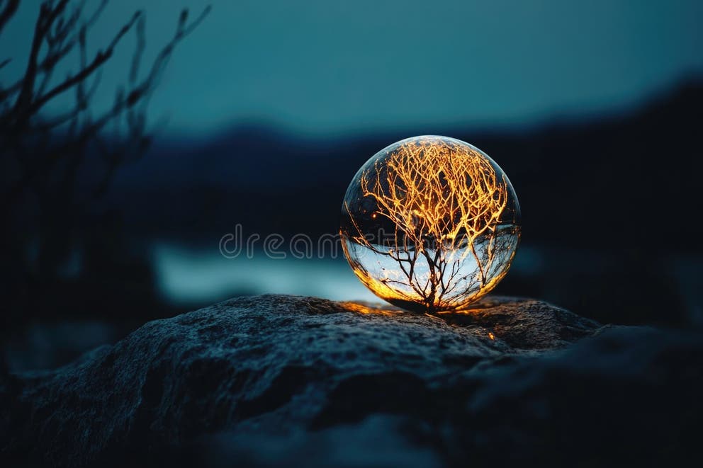 Enchanted Glass Sphere with Glowing Tree on Rocky Surface at Twilight Stock Image - Image of ...