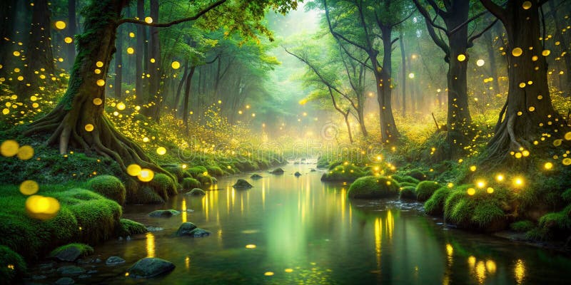 An Enchanted Glen Bathed in the Ethereal Light of Neon Fireflies Their Delicate Wings Casting ...
