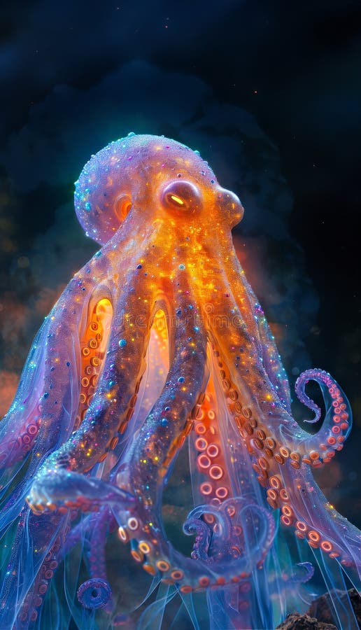 Enchanted Glittering Octopus on City Backdrop. Bioluminescent Octopus ...