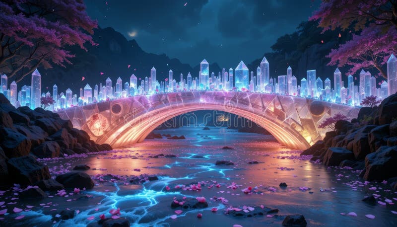 Enchanted Glowing Bridge Over a Peaceful River at Night Stock Photo ...